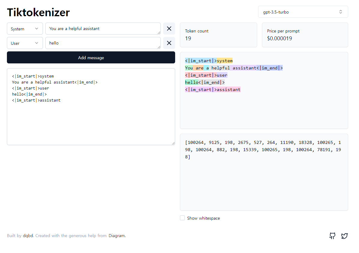 토큰을 정확하게 셀 수 있는 dqbd 의 tiktokenizer 사이트 (토큰 수 세기) - TILNOTE